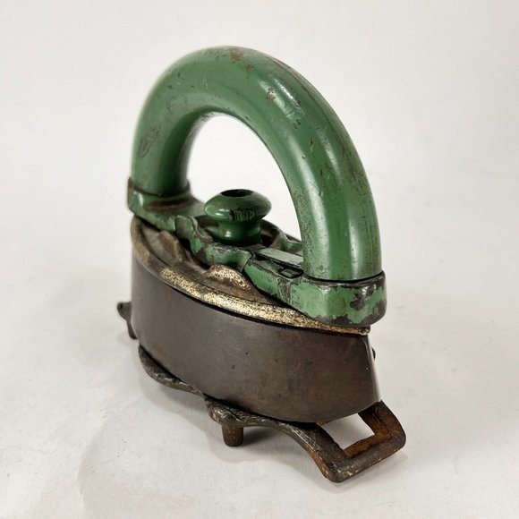 Accents | Antique Flat Sad Iron Resting Stand Trivet Green Wood Handle ...